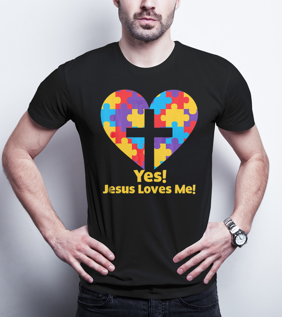 Yes Jesus Loves Me Autism Awareness Catholic Christian Cross Heart Puzzle T-Shirt
