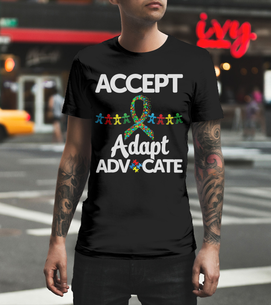 Accept Adapt Advocate Autism Awareness Puzzle Ribbon And Figures T-Shirt
