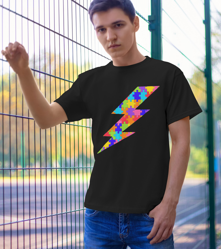 Lightning Bolt Puzzle Piece Autism Awareness Superhero T-Shirt