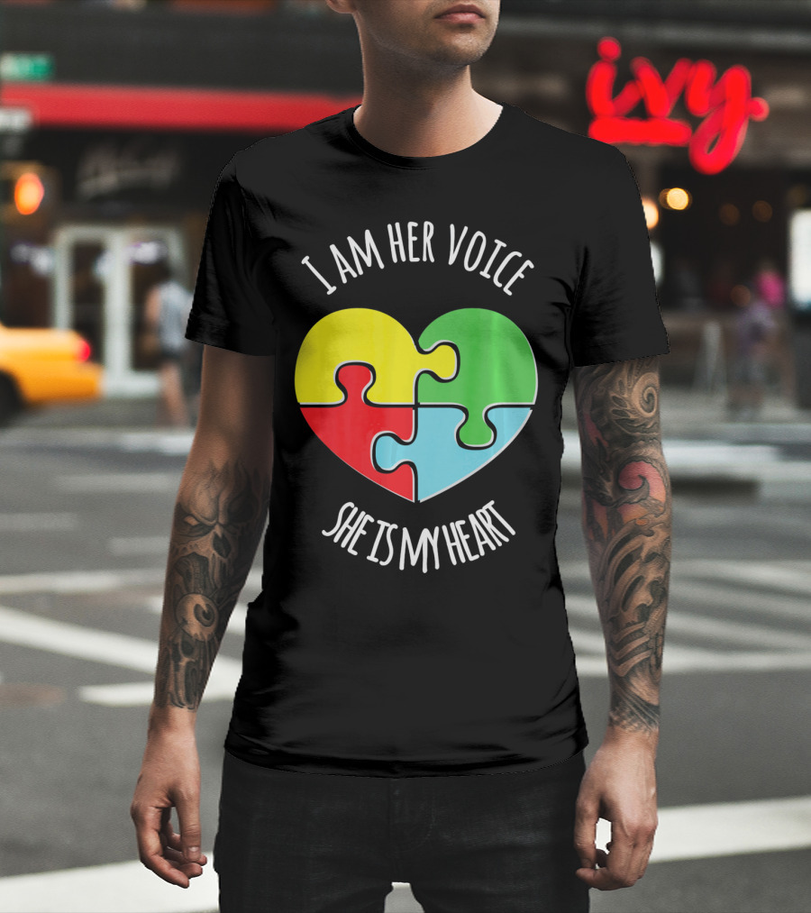 I Am Her Voice Autism Awareness She Is My Heart Puzzle Piece T-Shirt