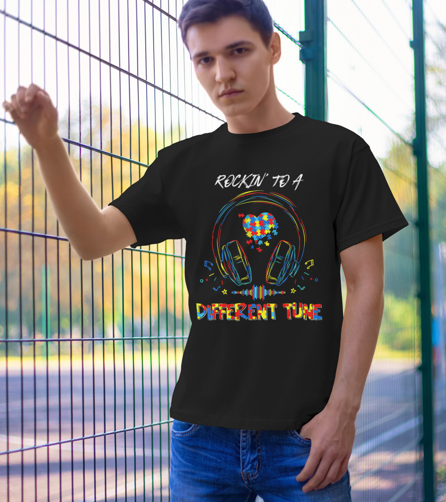 ROCKIN' TO A DIFFERENT TUNE Autism Awareness Headphones Puzzle Heart T-Shirt