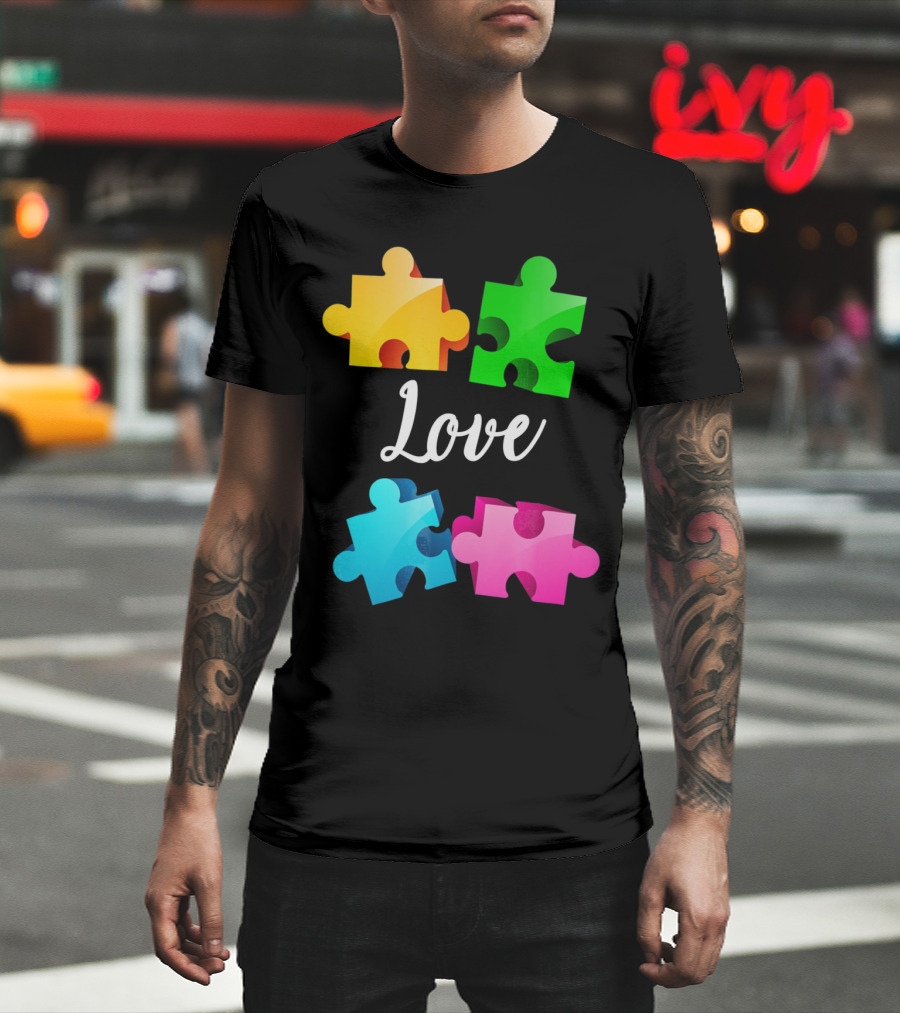 Autism Awareness Love With Colorful Puzzle Pieces T-Shirt