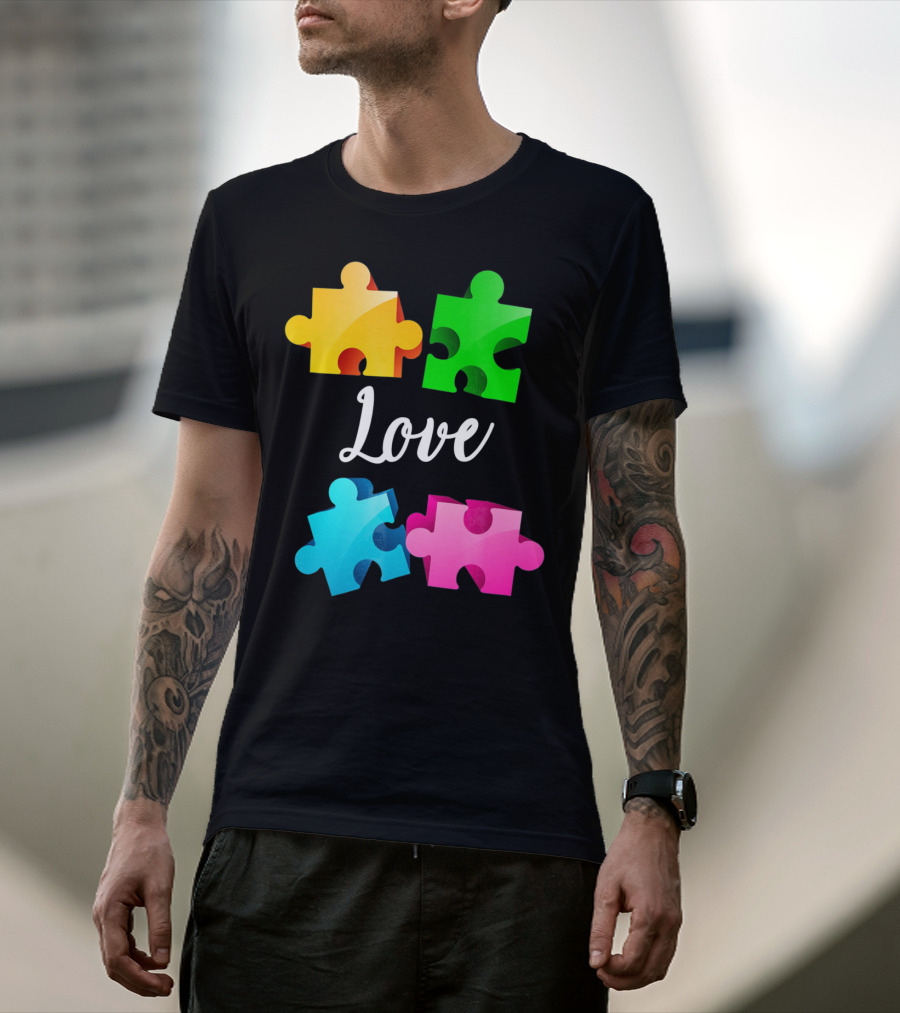 Autism Awareness Love With Colorful Puzzle Pieces T-Shirt