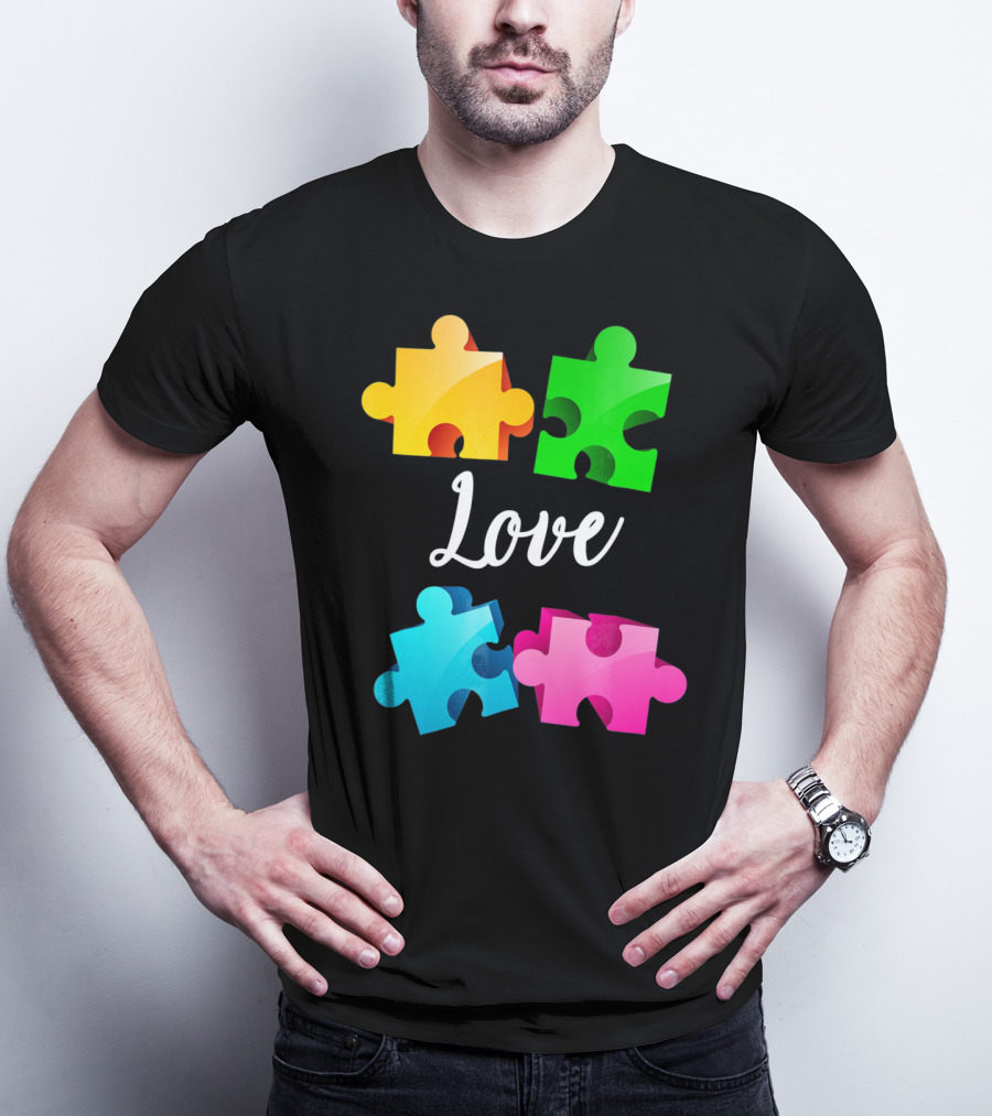 Autism Awareness Love With Colorful Puzzle Pieces T-Shirt