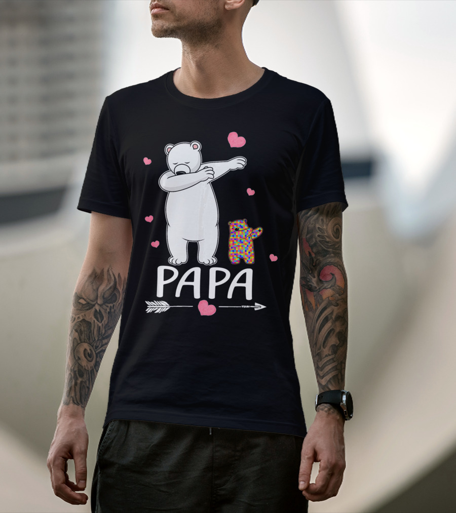 Papa Bear Dabbing With Autism Awareness Puzzle Bear And Hearts T-Shirt