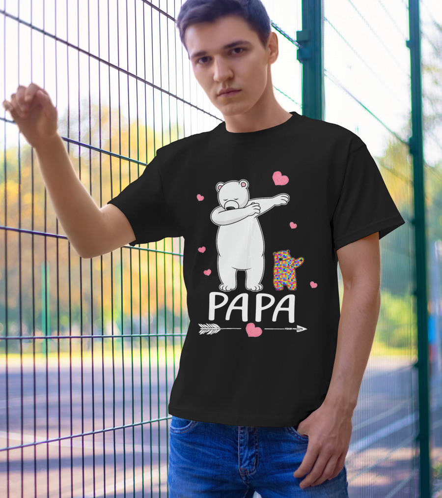Papa Bear Dabbing With Autism Awareness Puzzle Bear And Hearts T-Shirt