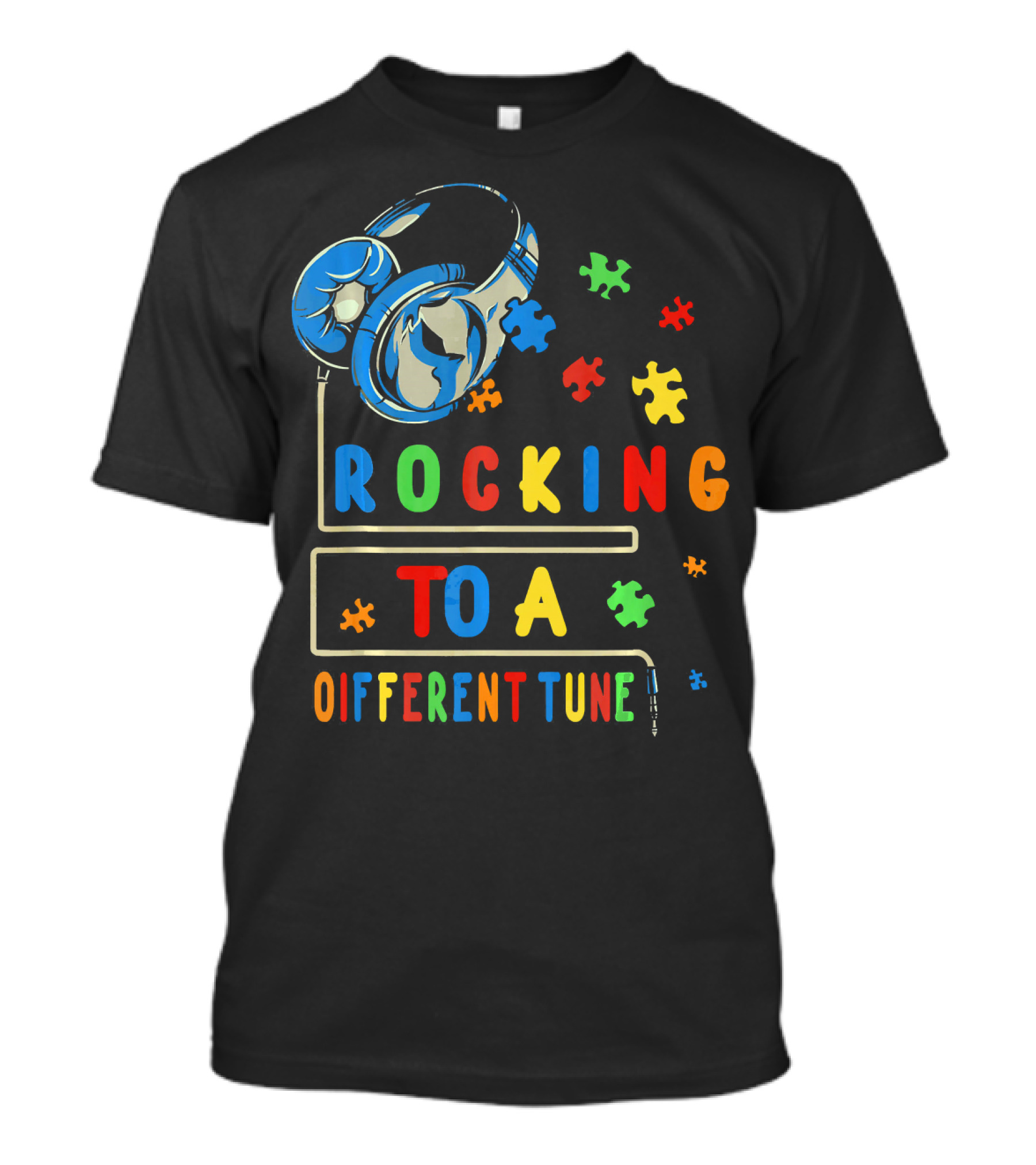 Rocking To A Different Tune Autism Awareness Headphones Puzzle Pieces T-Shirt