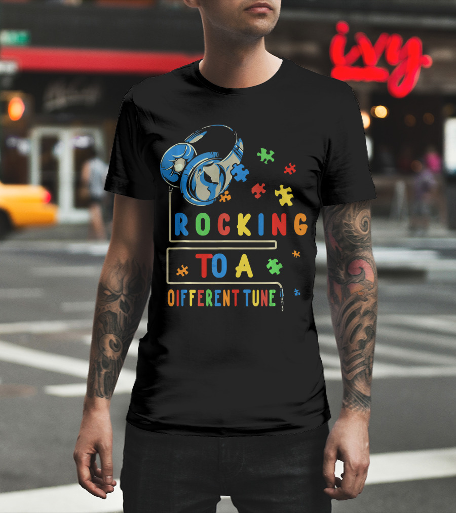 Rocking To A Different Tune Autism Awareness Headphones Puzzle Pieces T-Shirt