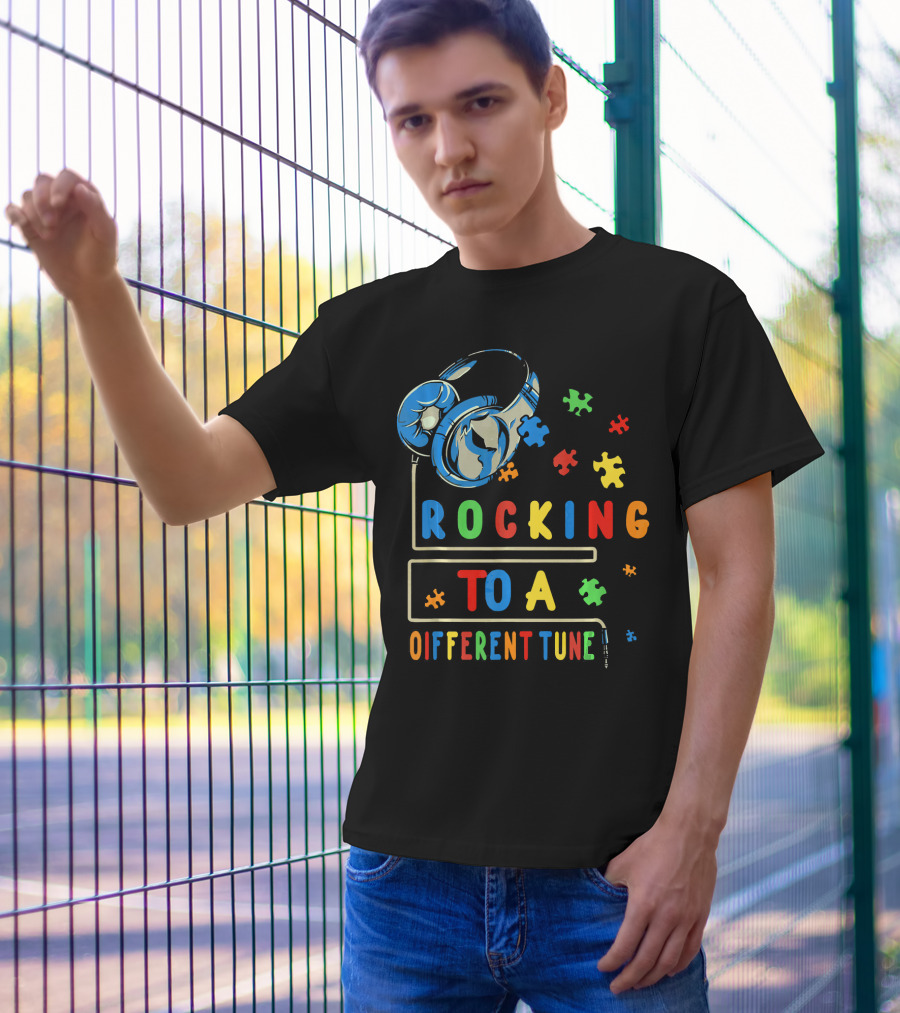 Rocking To A Different Tune Autism Awareness Headphones Puzzle Pieces T-Shirt