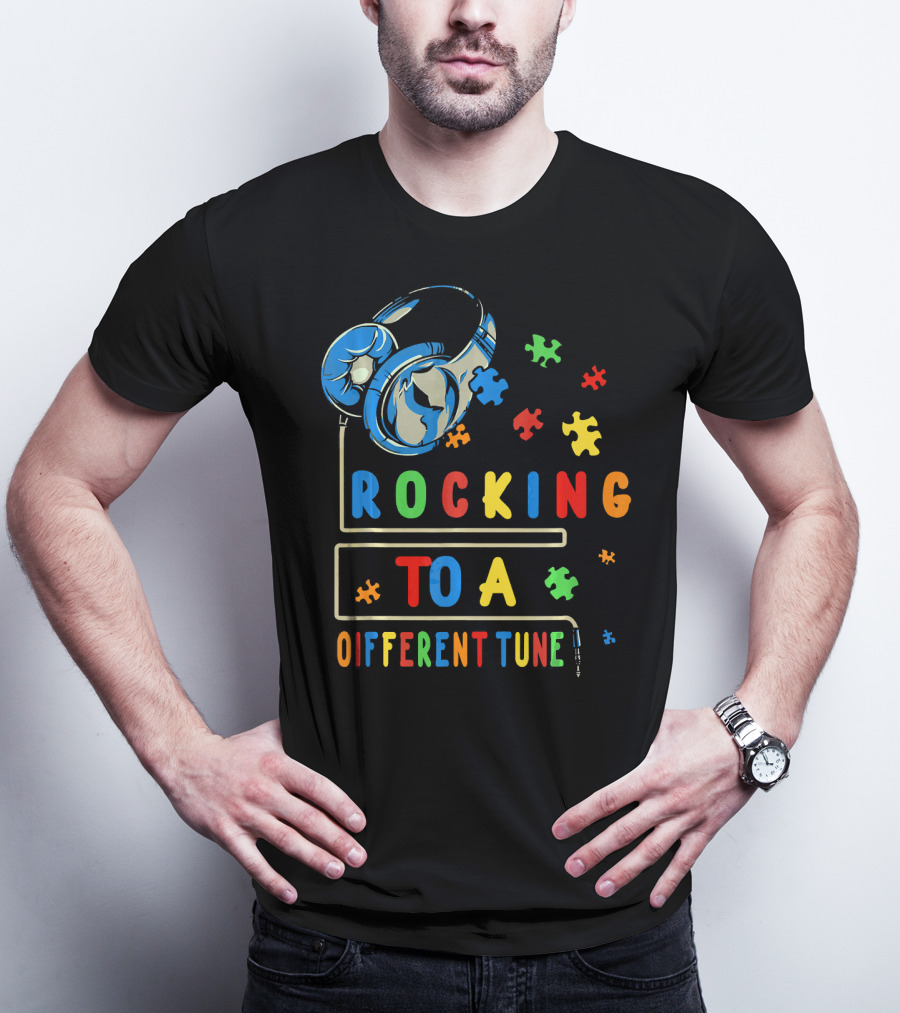Rocking To A Different Tune Autism Awareness Headphones Puzzle Pieces T-Shirt