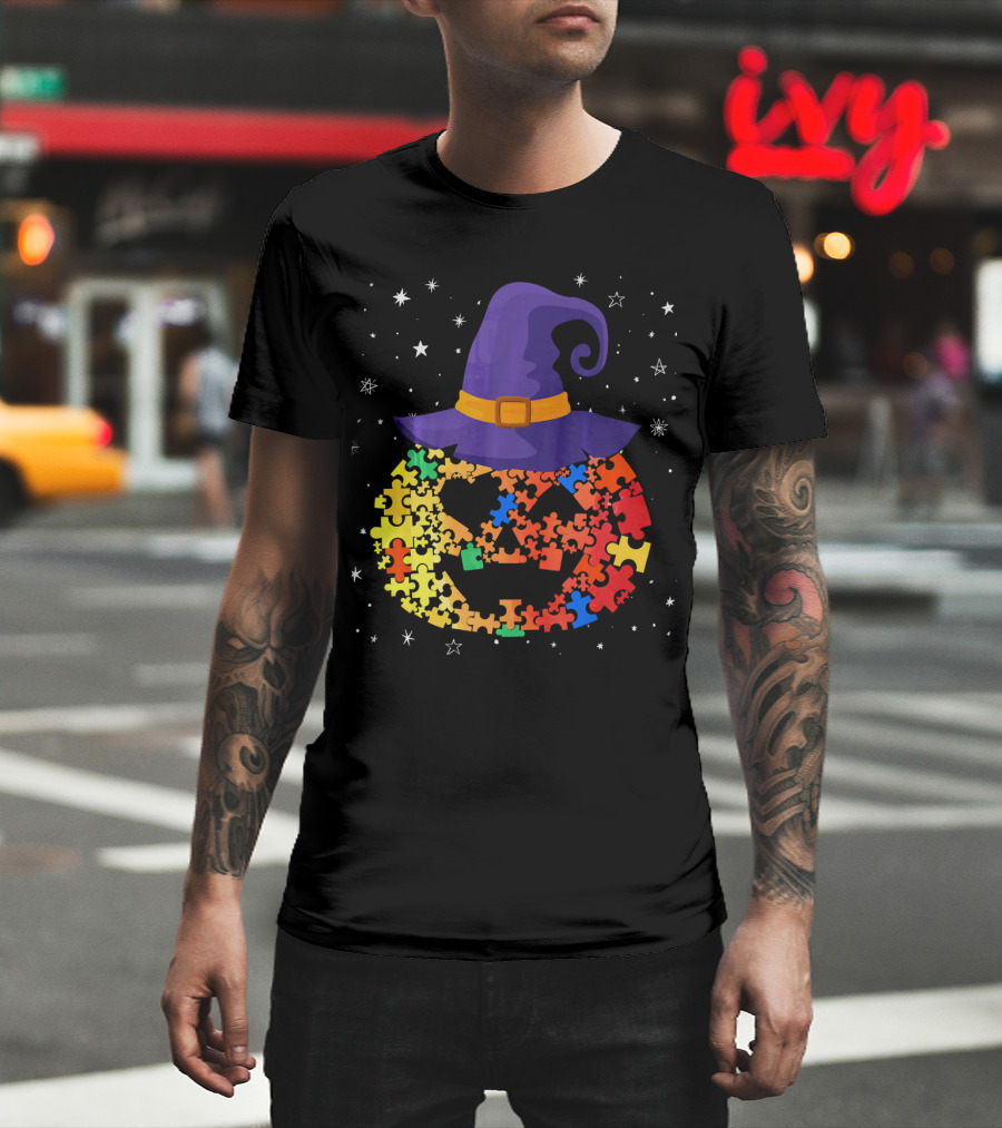 Pumpkin Autism Awareness Halloween Witch Hat Puzzle Piece T-Shirt