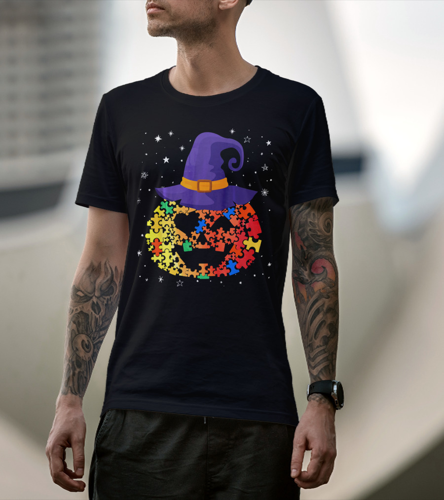 Pumpkin Autism Awareness Halloween Witch Hat Puzzle Piece T-Shirt