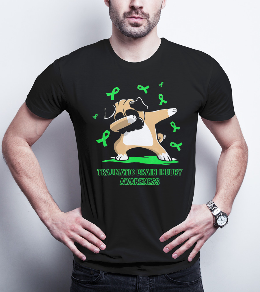 Traumatic Brain Injury Awareness Dabbing Pug Dog With Green Ribbons T-Shirt