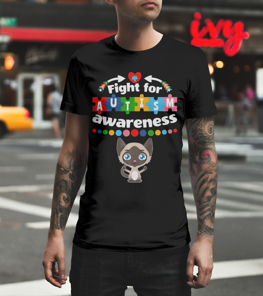 Fight For Autism Awareness Cat Puzzle Heart T-Shirt