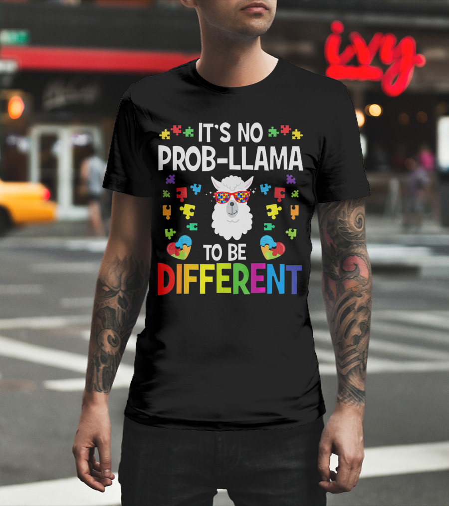 It's No Prob-Llama To Be Different Autism Awareness Puzzle Pieces T-Shirt