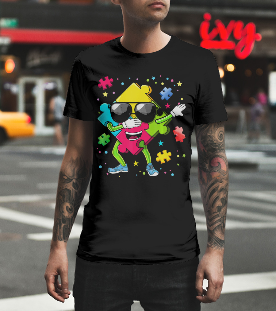 Dabbing Puzzle Piece Funny Autism Awareness Colorful T-Shirt
