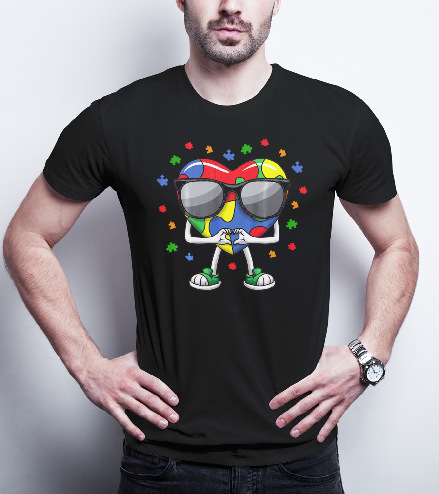 Autism Awareness Month Colorful Puzzle Heart With Sunglasses And Love Gesture T-Shirt