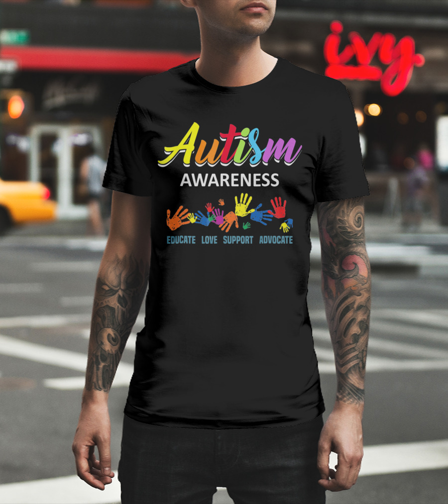Autism Awareness Educate Love Support Advocate Rainbow Handprints T-Shirt