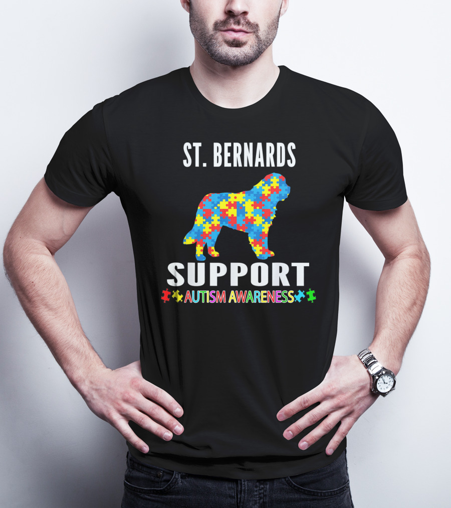 St. Bernards Support Autism Awareness Puzzle Piece Dog T-Shirt