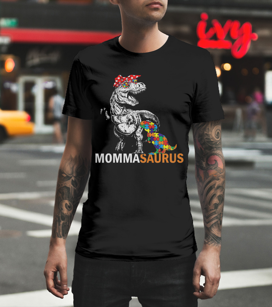 Momma Saurus Dinosaur With Autism Puzzle T-Shirt