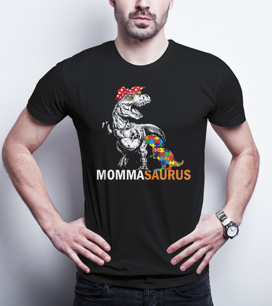 Momma Saurus Dinosaur With Autism Puzzle T-Shirt