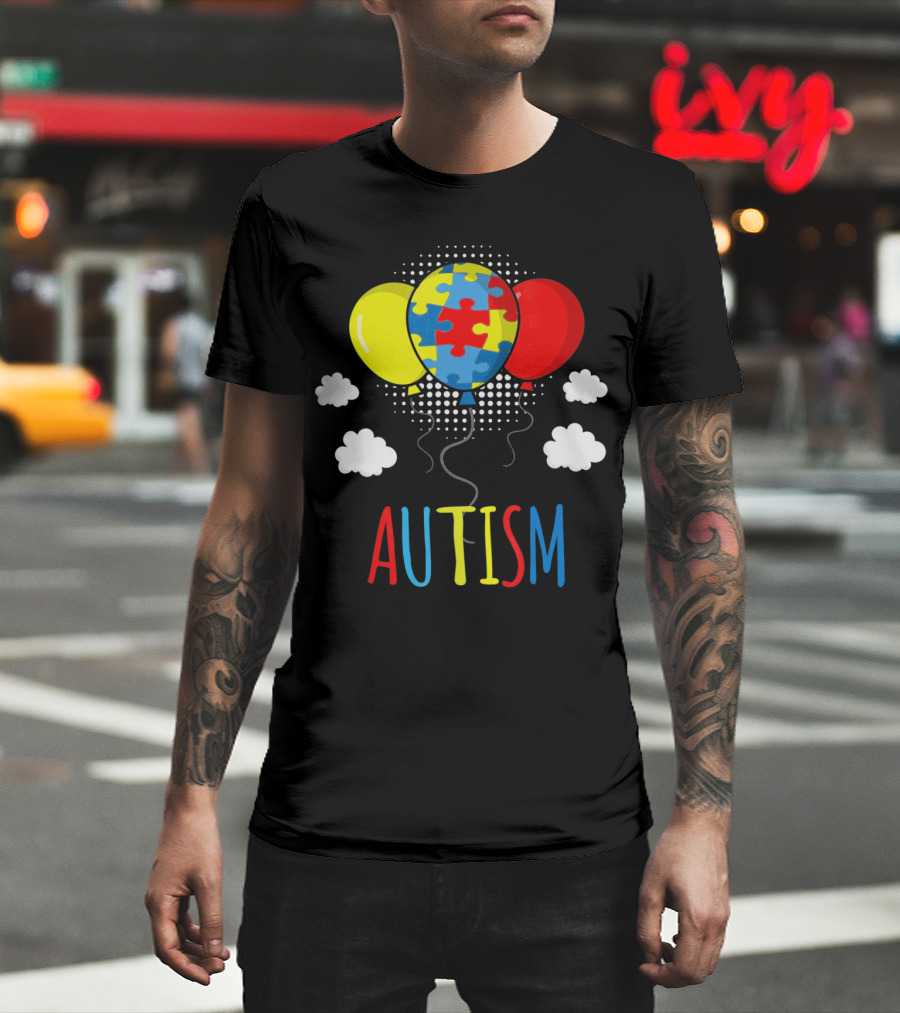 Autism Awareness Puzzle Piece Balloons With Colorful Clouds T-Shirt