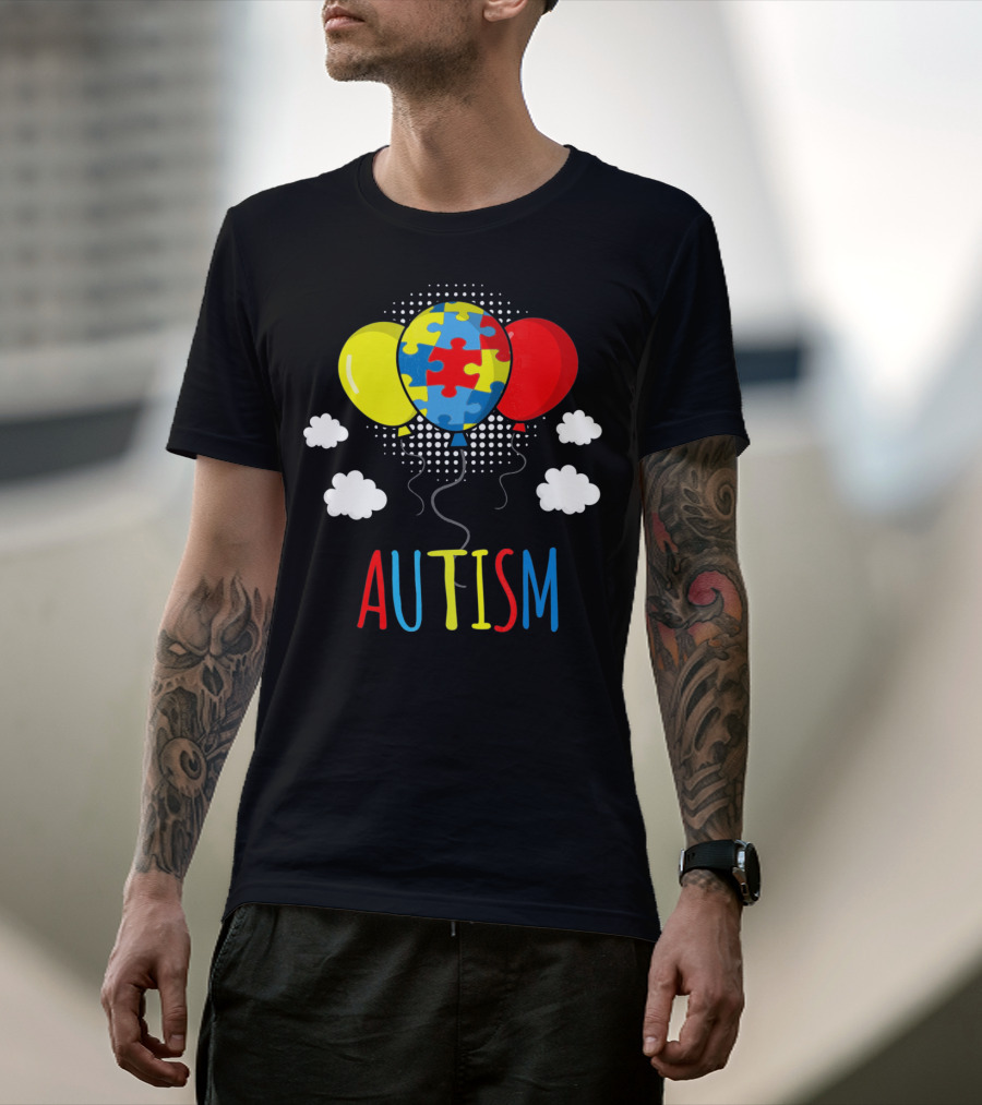 Autism Awareness Puzzle Piece Balloons With Colorful Clouds T-Shirt
