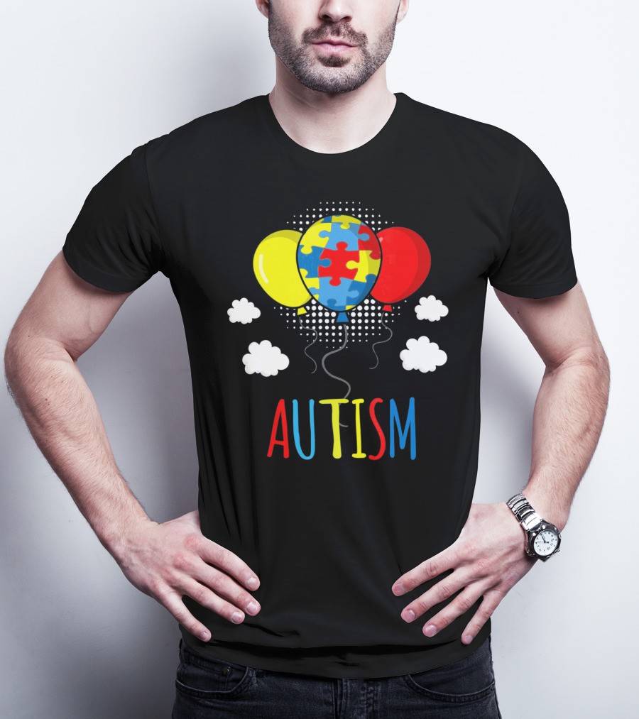 Autism Awareness Puzzle Piece Balloons With Colorful Clouds T-Shirt