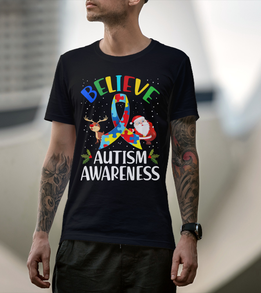 Believe Autism Awareness Santa Reindeer Puzzle Christmas T-Shirt