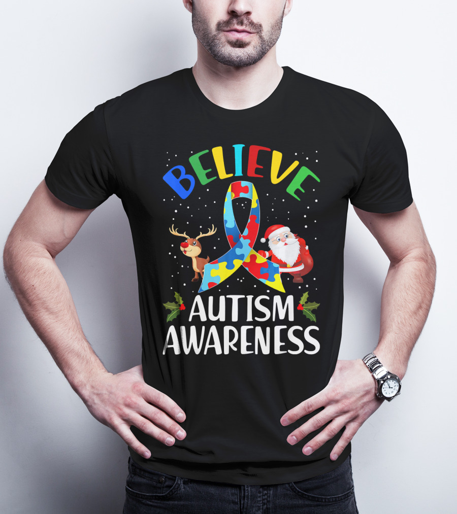 Believe Autism Awareness Santa Reindeer Puzzle Christmas T-Shirt