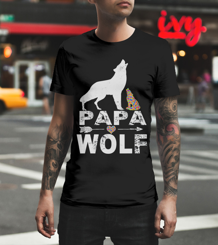 Papa Wolf Autism Awareness Puzzle Heart And Howling Pups T-Shirt