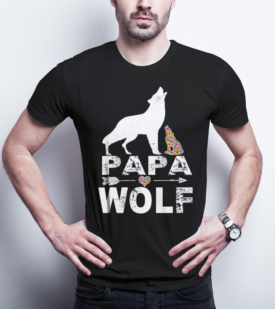 Papa Wolf Autism Awareness Puzzle Heart And Howling Pups T-Shirt