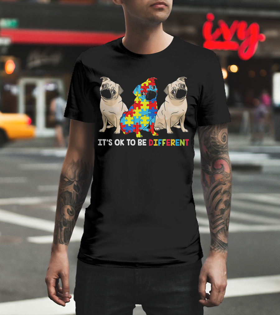 Its OK To Be Different Pug Autism Awareness Puzzle Pieces T-Shirt
