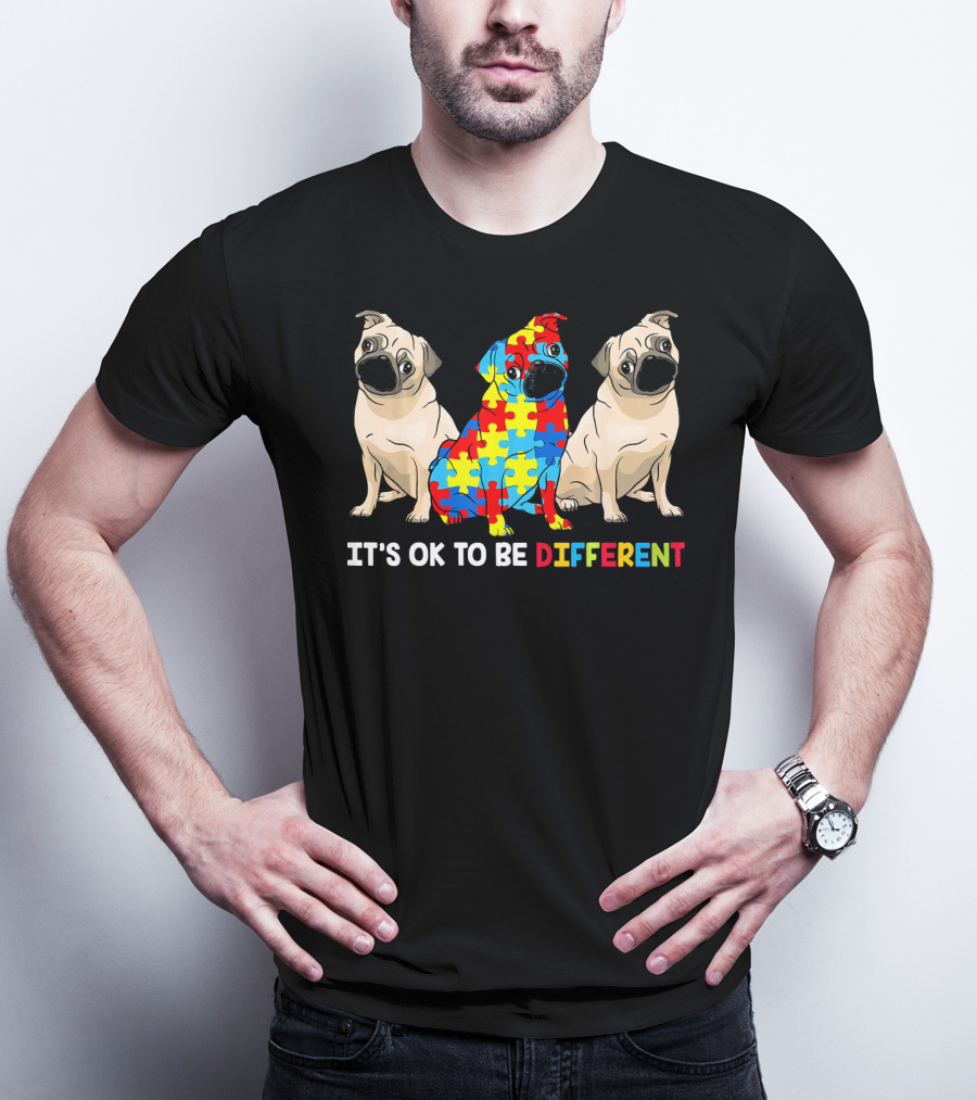 Its OK To Be Different Pug Autism Awareness Puzzle Pieces T-Shirt