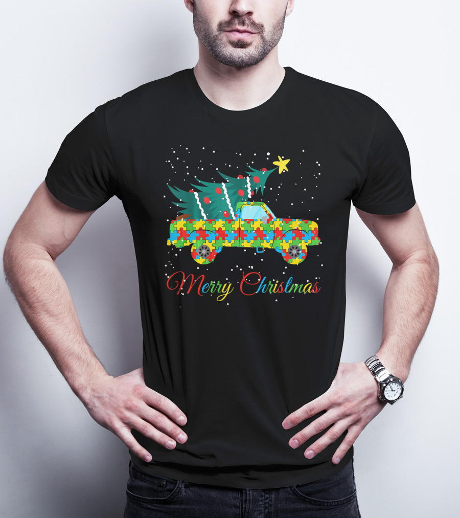 Merry Christmas Puzzle Pickup Truck With Tree Autism Awareness T-Shirt