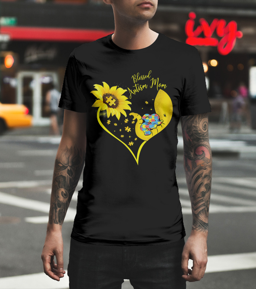 Blessed Autism Mom Sunflower Elephant Puzzle Heart T-Shirt