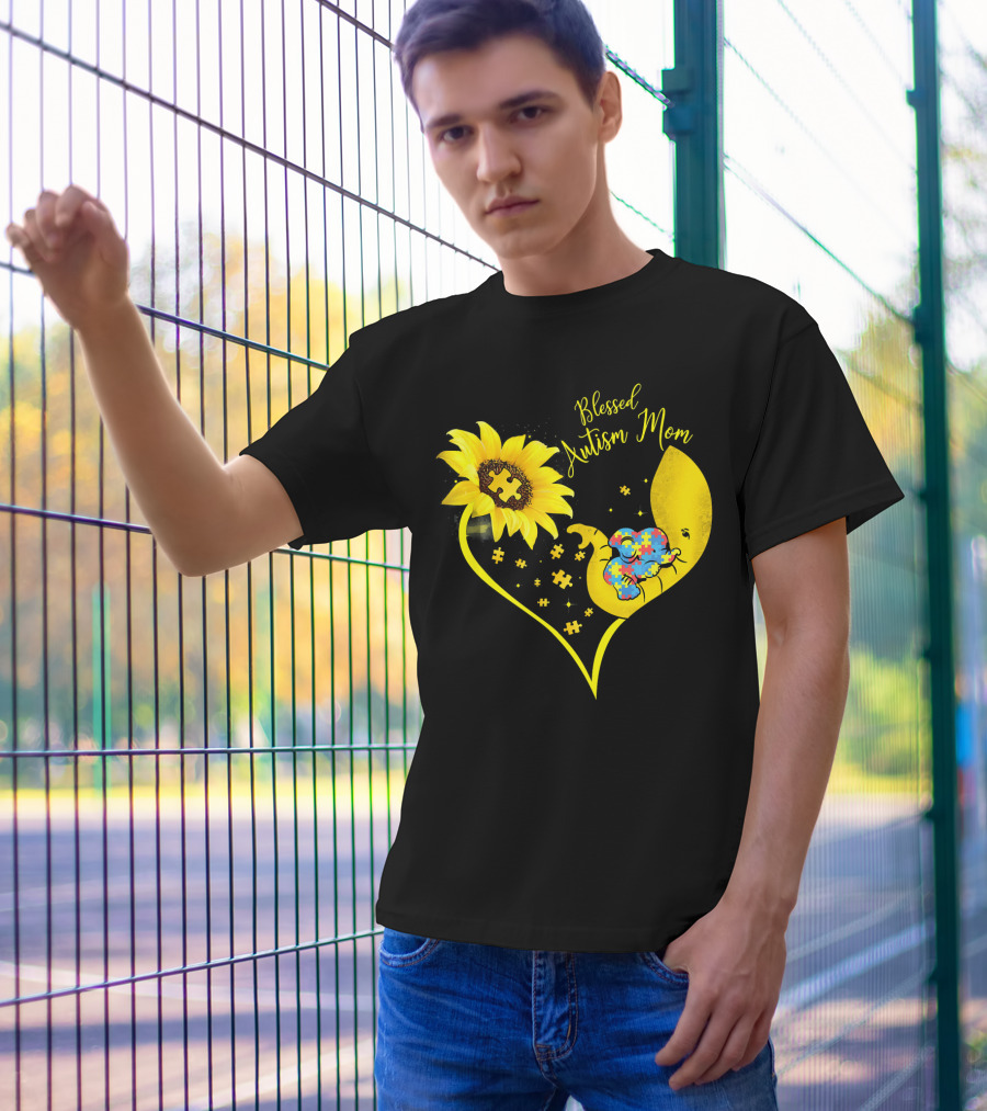 Blessed Autism Mom Sunflower Elephant Puzzle Heart T-Shirt