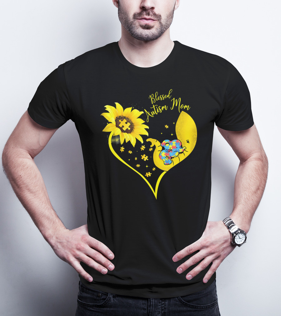 Blessed Autism Mom Sunflower Elephant Puzzle Heart T-Shirt