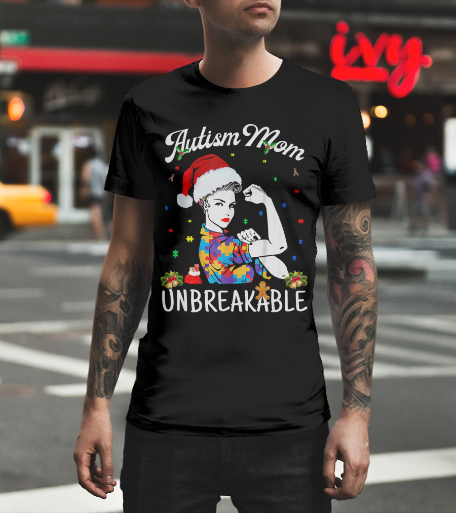Autism Mom Unbreakable Santa Christmas Pride Puzzle Pieces T-Shirt