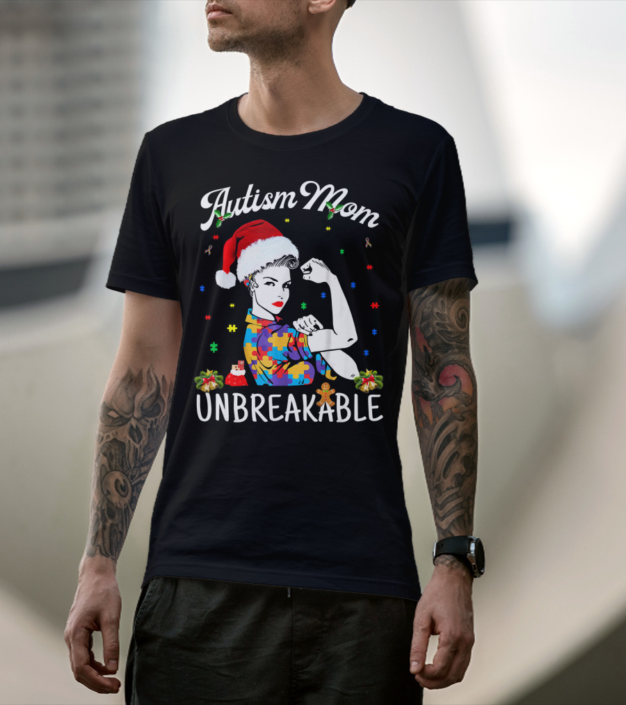 Autism Mom Unbreakable Santa Christmas Pride Puzzle Pieces T-Shirt