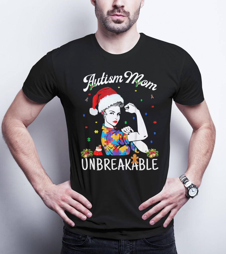 Autism Mom Unbreakable Santa Christmas Pride Puzzle Pieces T-Shirt