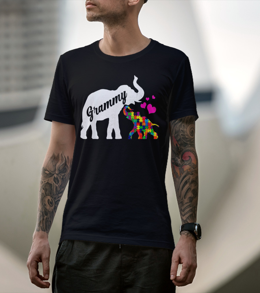 Grammy Elephant With Colorful Puzzle Piece Baby And Hearts For Autism Awareness T-Shirt