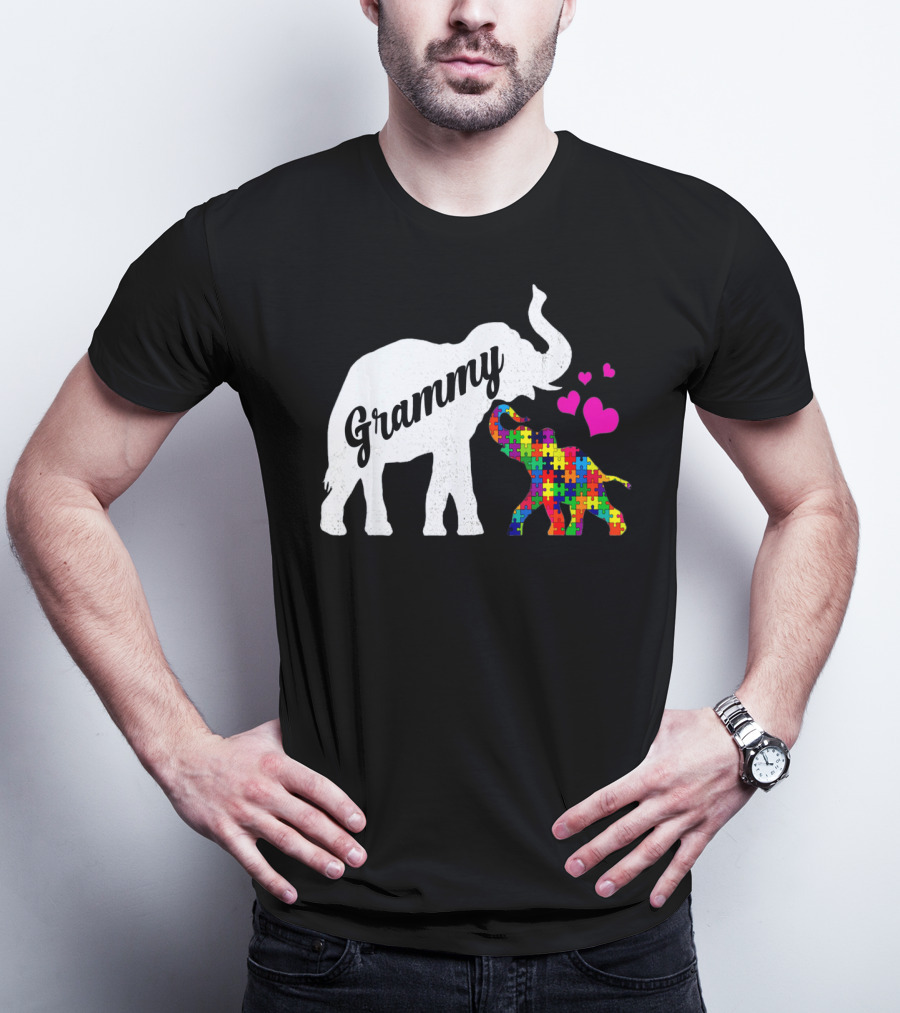 Grammy Elephant With Colorful Puzzle Piece Baby And Hearts For Autism Awareness T-Shirt