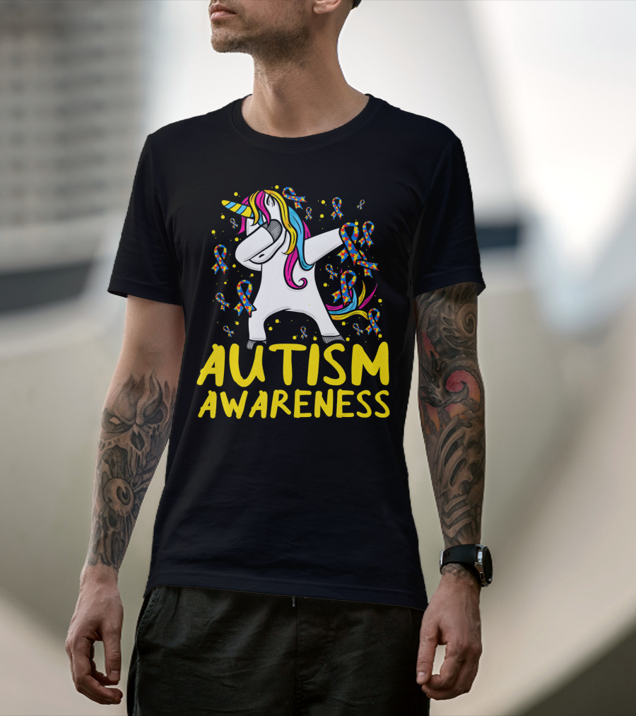 Dabbing Unicorn Puzzle Ribbon Autism Awareness T-Shirt