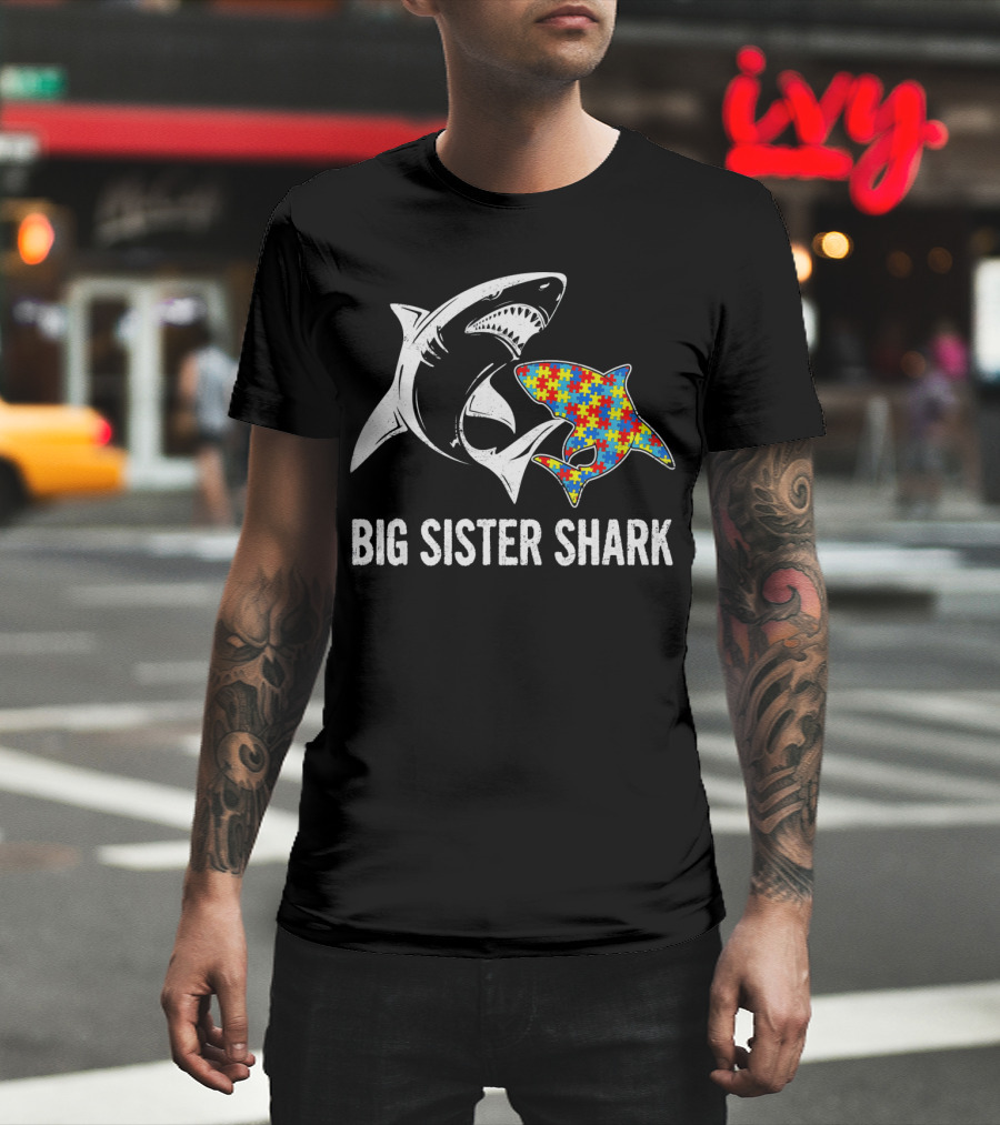 Big Sister Shark Autism Puzzle Piece Awareness T-Shirt