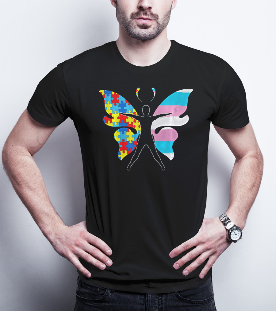Autism Awareness Puzzle Butterfly With Transgender Flag Wings T-Shirt