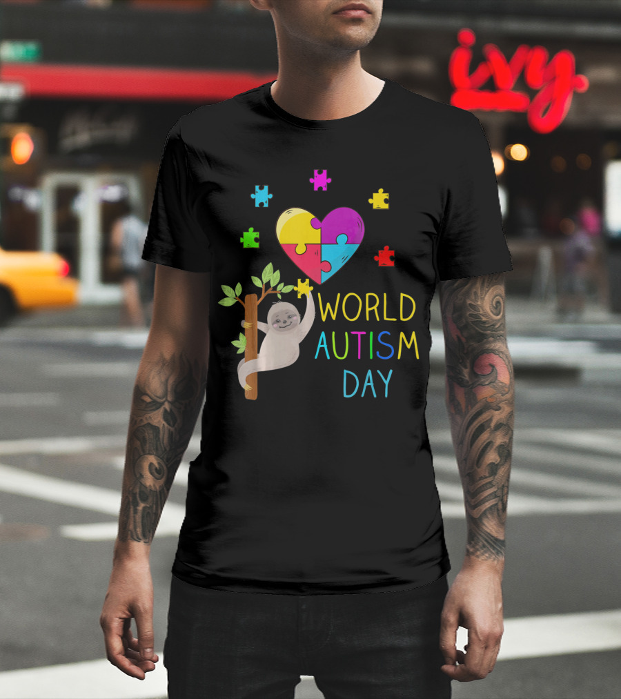 World Autism Day Sloth Heart Puzzle Pieces T-Shirt