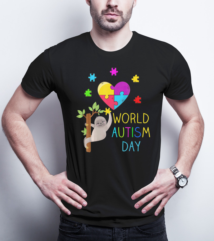 World Autism Day Sloth Heart Puzzle Pieces T-Shirt