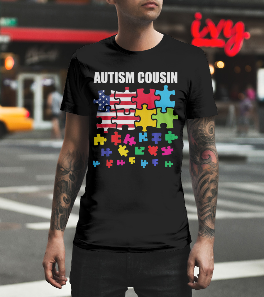 Autism Cousin Puzzle Pieces USA Flag Autism Awareness T-Shirt