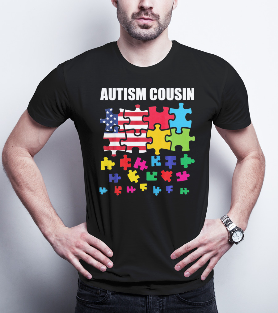 Autism Cousin Puzzle Pieces USA Flag Autism Awareness T-Shirt